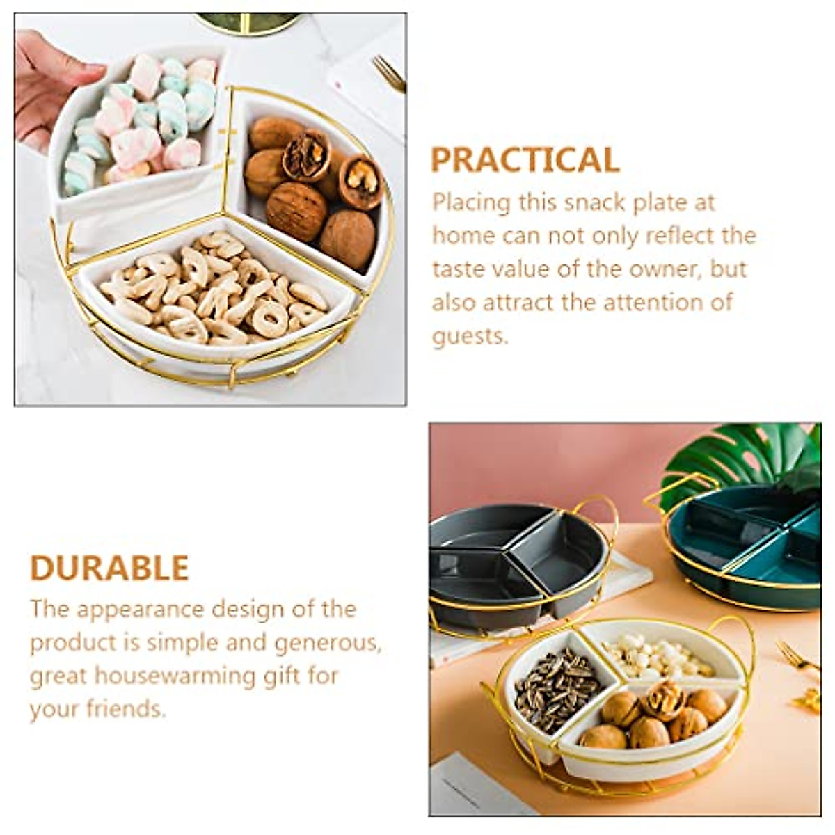 Angoily Ceramic Divided Serving Tray with Handles, 3 Sectional Appetizer Serving Tray, Round Veggie Tray for Serving for Party for Fruit, Candy, Snacks, Parties (White)