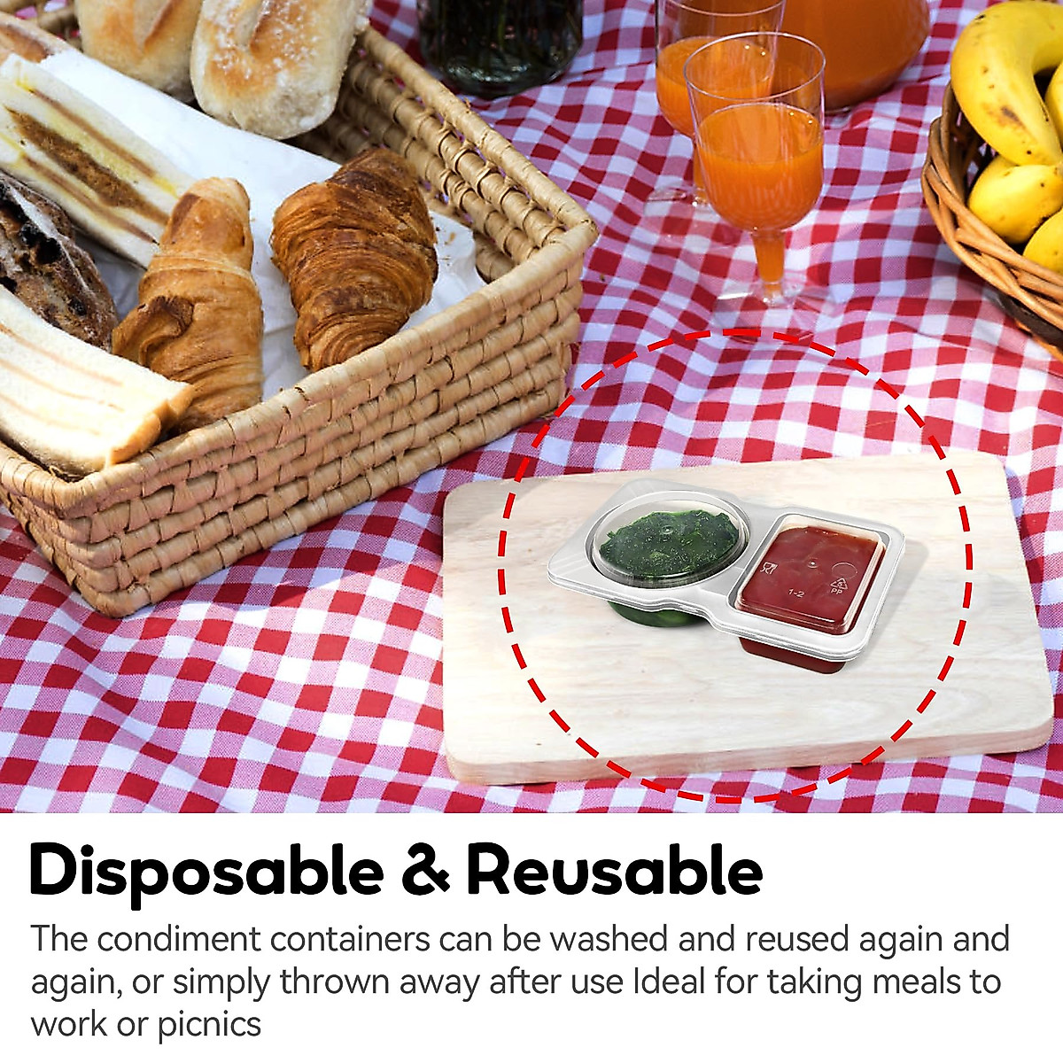 Nufiwra 8Pcs Double Compartment Condiment Containers with Lids, Reusable Plastic Snack Containers for To-Go Sauces, Sampling, Travel Snacks, Disposable 2-Compartment Snack Cups