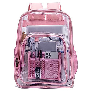 YZAOLL Clear Backpack Heavy Duty Large Transparent Backpacks Soft TPU Daypack Backpacks Book Bag Stadium Approved Pink