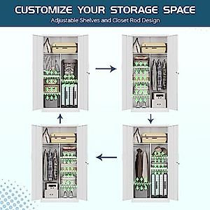 MIIIKO Steel Wardrobe, 72" Combination Storage Cabinet with Clothes Rod and 4 Shelves Organizer Storage, 2 Lockable Doors, for Office Home, Garage, Laundry Room