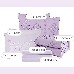 Geniospin Full Comforter Set 8 Pieces, Bed in A Bag with Comforters, Sheets, Pillowcases & Shams - Pom Tufted Design Microfiber, All Season Down Alternative Bedding Sets (Purple, 80 x 90 Inches)