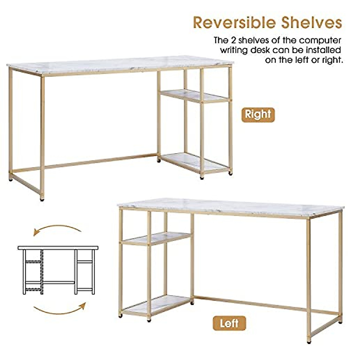 ivinta Computer Desk with Shelves, Office Desk for Living Room,Small Desk with Storage Space, Home Office Desks, Vanity Desk with Gold Legs PC Laptop Table (White, 55")