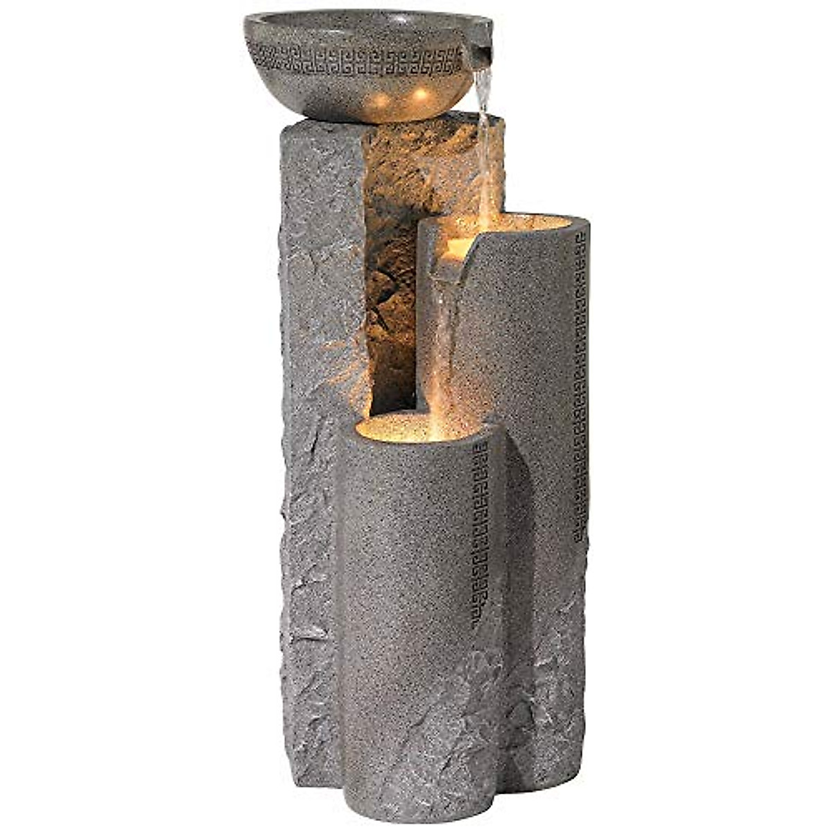 Bowl and Pillar Zen Modern Outdoor Floor Water Fountain 34 1/2" High with LED Light Cascading for Garden Patio Backyard Deck Home Lawn Porch House Relaxation Exterior Balcony - John Timberland