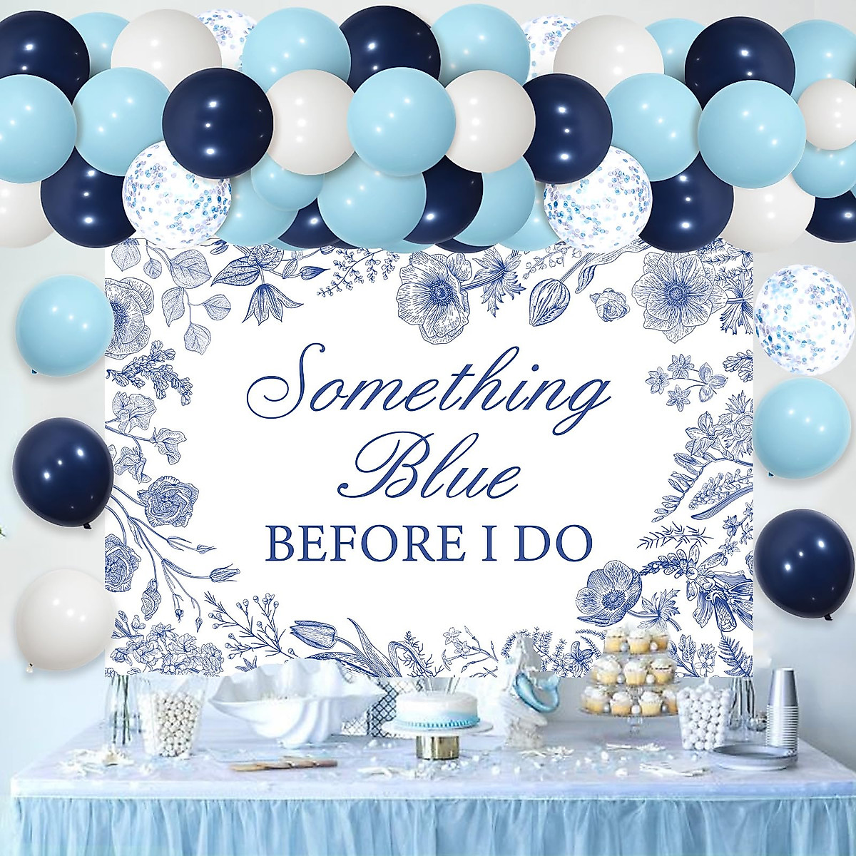 JOYMEMO Something Blue Before I Do Bridal Shower Decorations for Women, Blue and White Balloons Garland Arch Kit with Blue Flower Party Backdrop, I Do Diamond Ring Balloon, Bachelorette Party