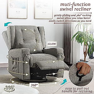 OPRISEN 360° Manual Swivel Recliner Swivel Rocker Recliner Chair for Nursery Overstuffed Wingback Glider Chair w/Side Pockets/Cup Holders (Beige)