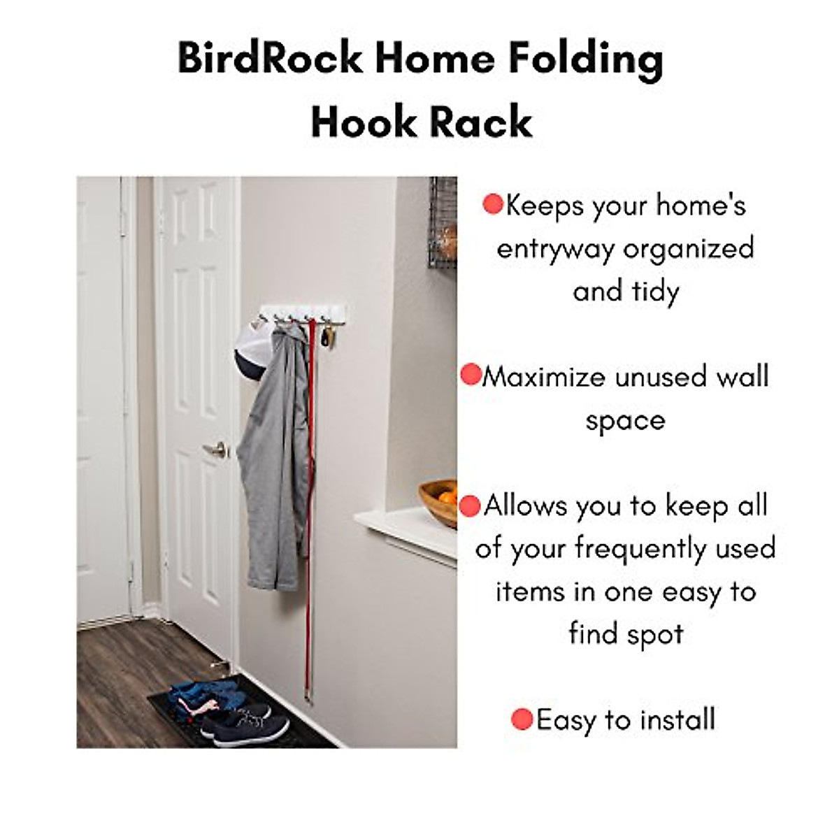 BIRDROCK HOME Folding Hook Coat and Hat Rack - 5 Hooks - 17 Inches - Wall Mount - Decorative Home Storage - Entryway Foyer Hallway Bathroom Bedroom Rail - Satin Nickel Hooks - White Pine Rail