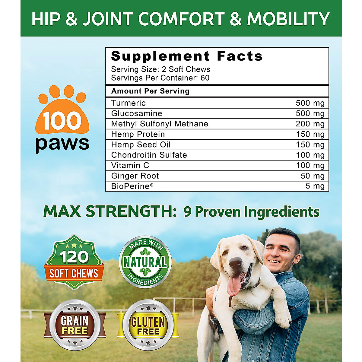 100 Paws Hip & Joint Supplement for Dogs - Hemp Oil Infused Soft Chews Dog Treats w/Glucosamine, Turmeric, Chondroitin, MSM & Omega 3 6 9 -Supports Pet Mobility & Pain Relief-120 Treat Bites