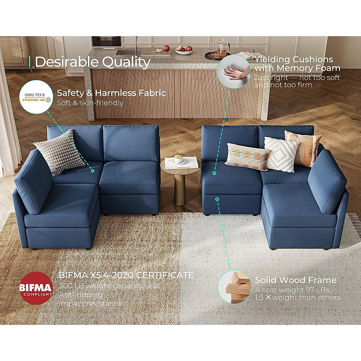 LINSY HOME Modular Sectional Sofa, Convertible U Shaped Couch with Storage, Memory Foam, Sectionals Ottomans, 6 Seat Oversized Chaise for Living Room, Blue, S900-C11-60