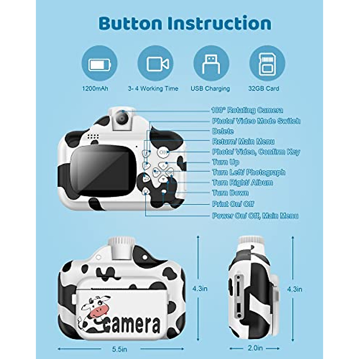 Instant Print Camera for Kids, Kids Selfie Digital Camera with 1080P Video Recorder 32G SD Card Toys for Age 3 4 5 6 7 8-10 12 Toddler Boys and Girls - White (SD Card Inserted)