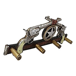 Ebros Gift Rustic Western Old World Dual Six Shooter Revolver Gun Pistols with Western Star 4 Pegs Coat Key Hat Leash Wall Hanging Bullet Ammo Shaped Hooks Country Decorative Organizer