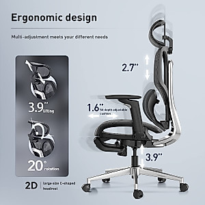 Hbada Ergonomic Office Chair with Elastic Adaptive Lumbar Support, High Back Office Chair with High-Density Mesh, Backrest Height Adjustable Desk Chair with 3D Armrests and Footrest, Black