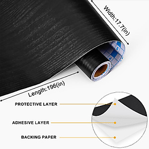 HATOKU 17.7" x 196" Black Wood Peel and Stick Wallpaper, Contact Paper for Cabinets PVC Self Adhesive Wallpaper for Desk Drawer Shelf Liner