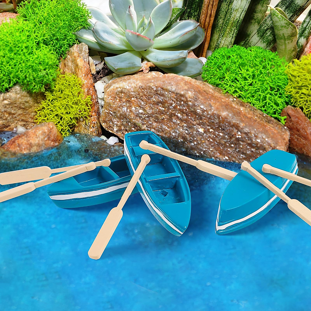 BESPORTBLE 6 Sets Miniature Rowboat Mini Blue Wood Boat with Oars Canoe Model Figurines Fairy Garden Miniatures Nautical Home Decorations (Boat+2 Paddles)