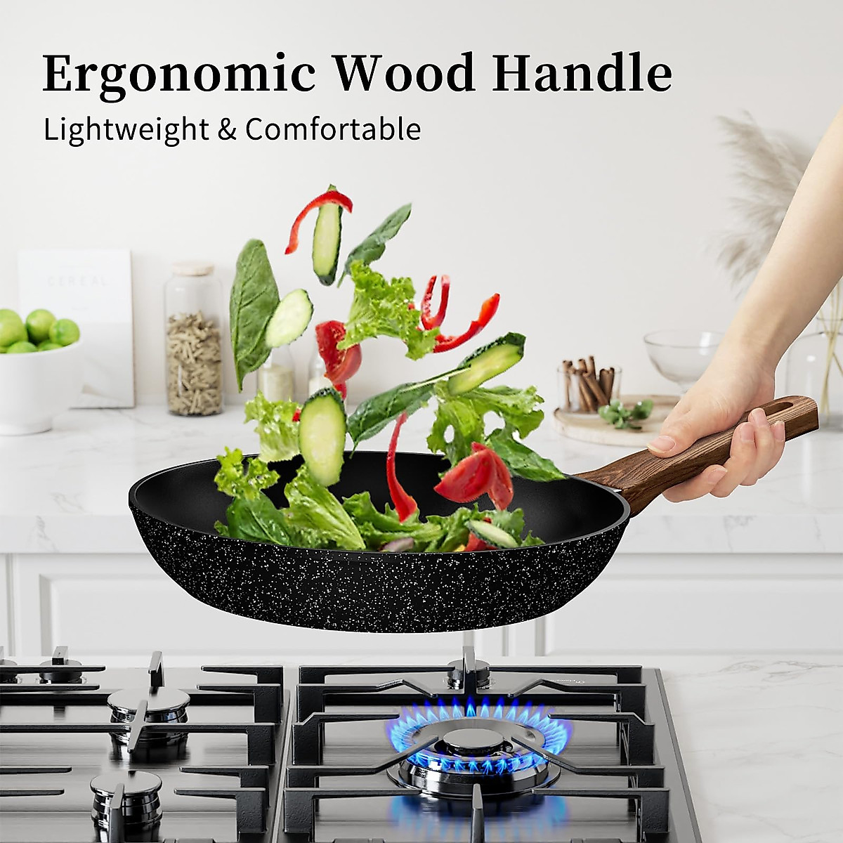 Frying Pan Set With Lids, Non Stick Pans Set Of 3, Nonstick Skillet Pans Set Egg Omelette Pans W/Lid, Non Toxic Cooking Kitchen Pan Set Induction Skillets, PFOA Free, Black