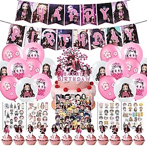 Mprocen 84PCS Happy Balloons Birthday Banner Party Supplies Pink,Cake Topper,Cupcake Toppers,Latex Balloons,Invitation Card,Tattoo Stickers