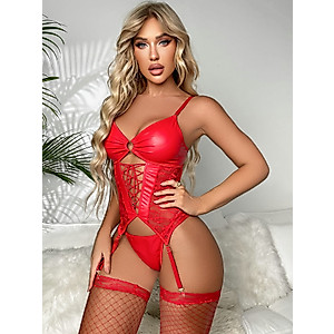OYOANGLE Women's Floral Lace Lingerie Sets with Garter Belt 3 Piece Teddy Babydoll Bodysuit Red S
