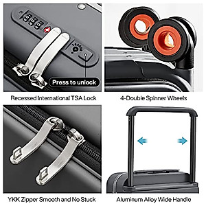 mixi Carry On Luggage Wide Handle Luxury Design Rolling Travel Suitcase PC Hardside with Aluminum Frame Hollow Spinner Wheels, with Cover, 20 inch, Rock Grey