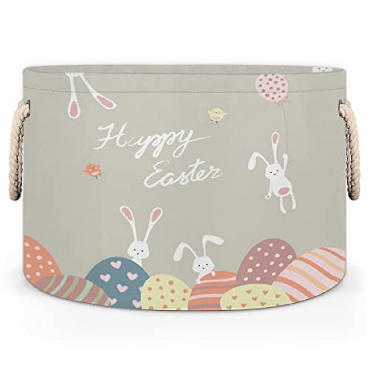 Happy Easter Egg And Rabbit Large Round Baskets for Storage Laundry Baskets with Handles Blanket Storage Basket for Bathroom Shelves Bins for Organizing Nursery Hamper Girl Boy