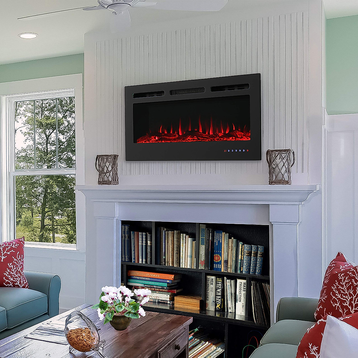 Sunnydaze Modern Flame 32-Inch Indoor Electric Fireplace - Wall-Mounted/Recessed Installation - 9 Flame Colors - Black