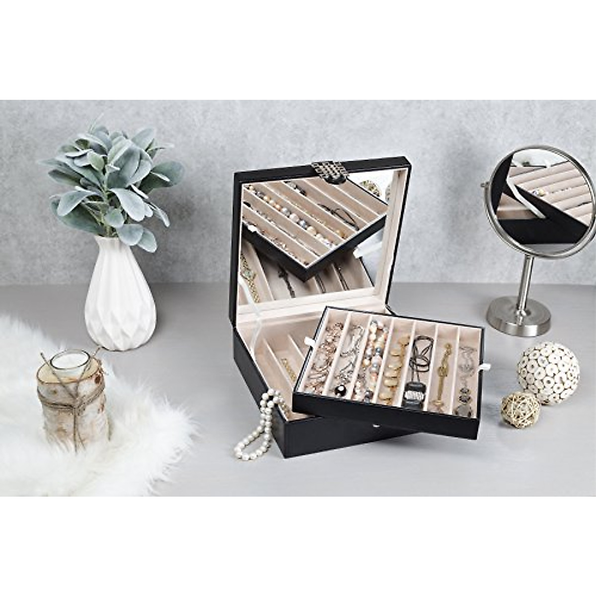 Glenor Co 12 Section Necklace Organizer - Large Mirror - 2 Trays - PU Leather - Black - Classic Jewelry Box - Modern Buckle Closure - Fits Necklace & Bracelet - Jewelry Holder for Women Teens & Girls