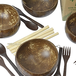 Coco TropEco Coconut Bowl Set of 4 - Handmade Bowls From Natural Coconut Shells + Wooden Spoons + Wood Forks and Bamboo Straws – Buddha Bowls Ideal for Acai Smoothie, Salad or Cereal – Polished –