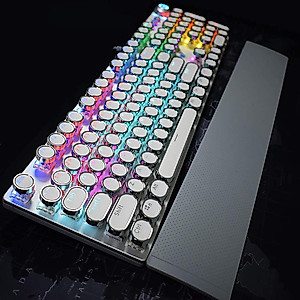 CC MALL Retro Steampunk Mechanical Gaming Keyboard, Metal Panel, Black Switches, LED Backlit,USB Wired,Hand Rest,Typewriter-Style Round Keycaps,for Laptop Desktop PC(2088-White)