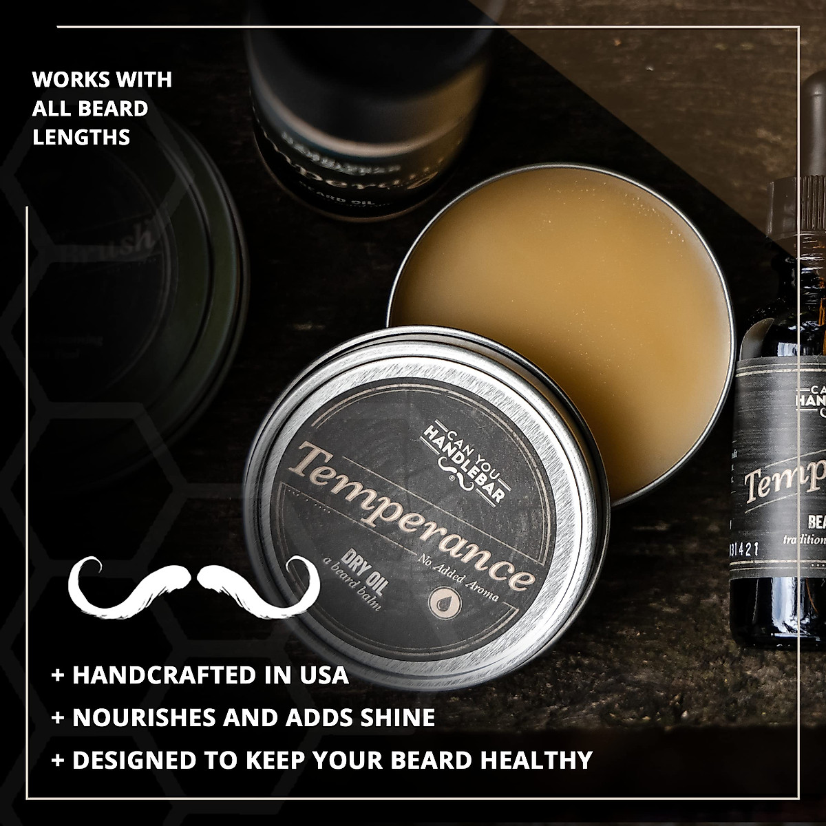 CanYouHandlebar Temperance - Fragrance Free Unscented - Premium Beard Balm for Men | Dry Oil Beard Conditioner | 2 Oz Stainless Steel Tin