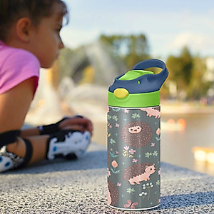Cute Hedgehog Kids Water Bottle, BPA-Free Vacuum Insulated Stainless Steel Water Bottle with Straw Lid Double Walled Leakproof Flask for Girls Boys Toddlers, 12Oz