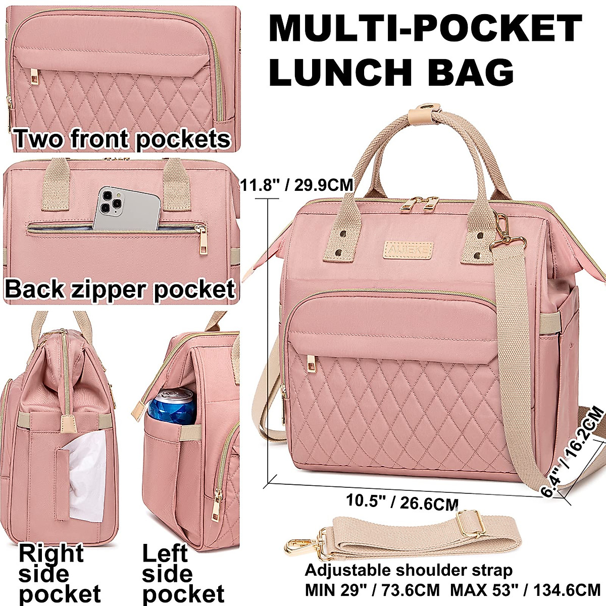 AIJIEKE Lunch Bag For Women, Cute Insulated Lunch Bag, Large Lunch Tote For Work, Leak Proof Lunch Box For Adults, Lunch Purse, Cooler Bag With Side Pockets And Shoulder Strap For Picnic Office(Pink)