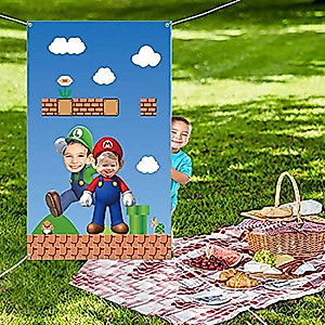 Super Bros Photo Door Banner,Cartoon Large Fabric Kids Face Photography Decoration Backdrop Boys Birthday Party Game Supplies Props Background (Super Bros)