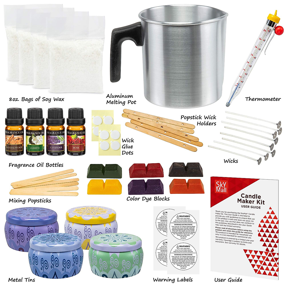 SkyMall Candle Making Kit, DIY Set for Making Candles with Melting Pot, 4 Large Metal Tins, [4] 8oz Soy Wax Bags, 6 Color Dye Blocks, 4 Fragrance Oils, Wicks, Thermometer, Bonus Holiday Stickers