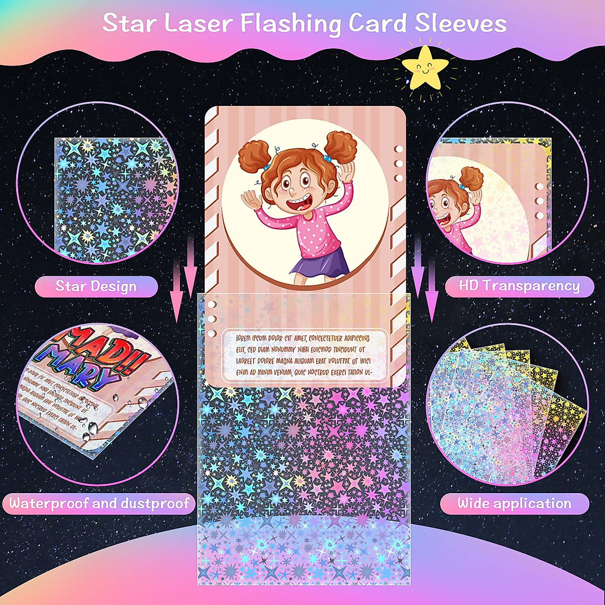 200 PCS Star Laser Flashing Trading Card Sleeves, Holographic Photocard Sleeves Kpop Card Protector for Cards Sports Cards
