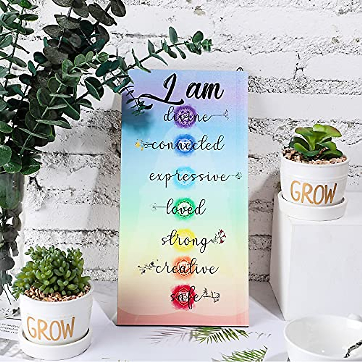 Chakra Quotes Sign Wall Decor Yoga Zen Wall Art Wooden Spiritual Decor Motivational Meditation Wall Art Zen Buddhism Spa Room Decor for Yoga Living Room Bedroom Bathroom Wall Decorations (Safe Style)