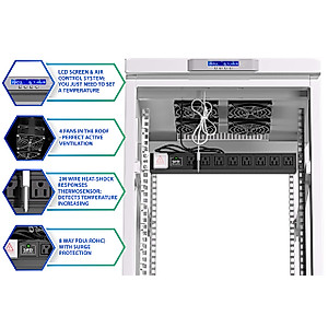 Sysracks 18U 35 Inch Deep Grey White Server Rack IT Network Data Rack Cabinet Enclosure Fully Lockable on Wheels - LCD Screen - Ventilation System - PDU - Glass Door - Rich Accessories Kit