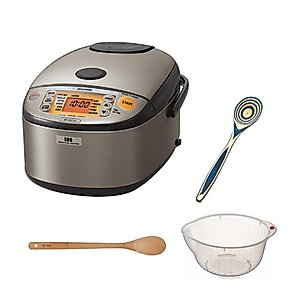 Zojirushi NPHCC18XH Induction Heating Rice Cooker - Precision Cooking with Advanced IH Technology - 10-Cup Dark Gray Cooker and Warmer Bundle with Rice Washing Bowl, Bamboo and Wooden Spoons (4 Items)
