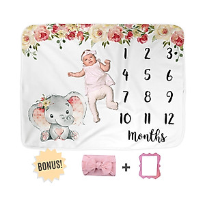 Elephant Baby Monthly Milestone Blanket with Head Bow, Floral Pink Newborn Month Blankets Girl, Track Months Photo Prop Growth Mat, Nursery Swaddling Wrap, Infant Photography (50"x40", Minky)
