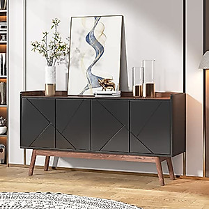 LITTLE TREE 55 Inch Kitchen Buffet Cabinet with Storage Shelf, Sideboard Coffee Bar with Doors, Buffets Accent Cabinet for Dining Room Living Room Entryway, Black Rustic Brown