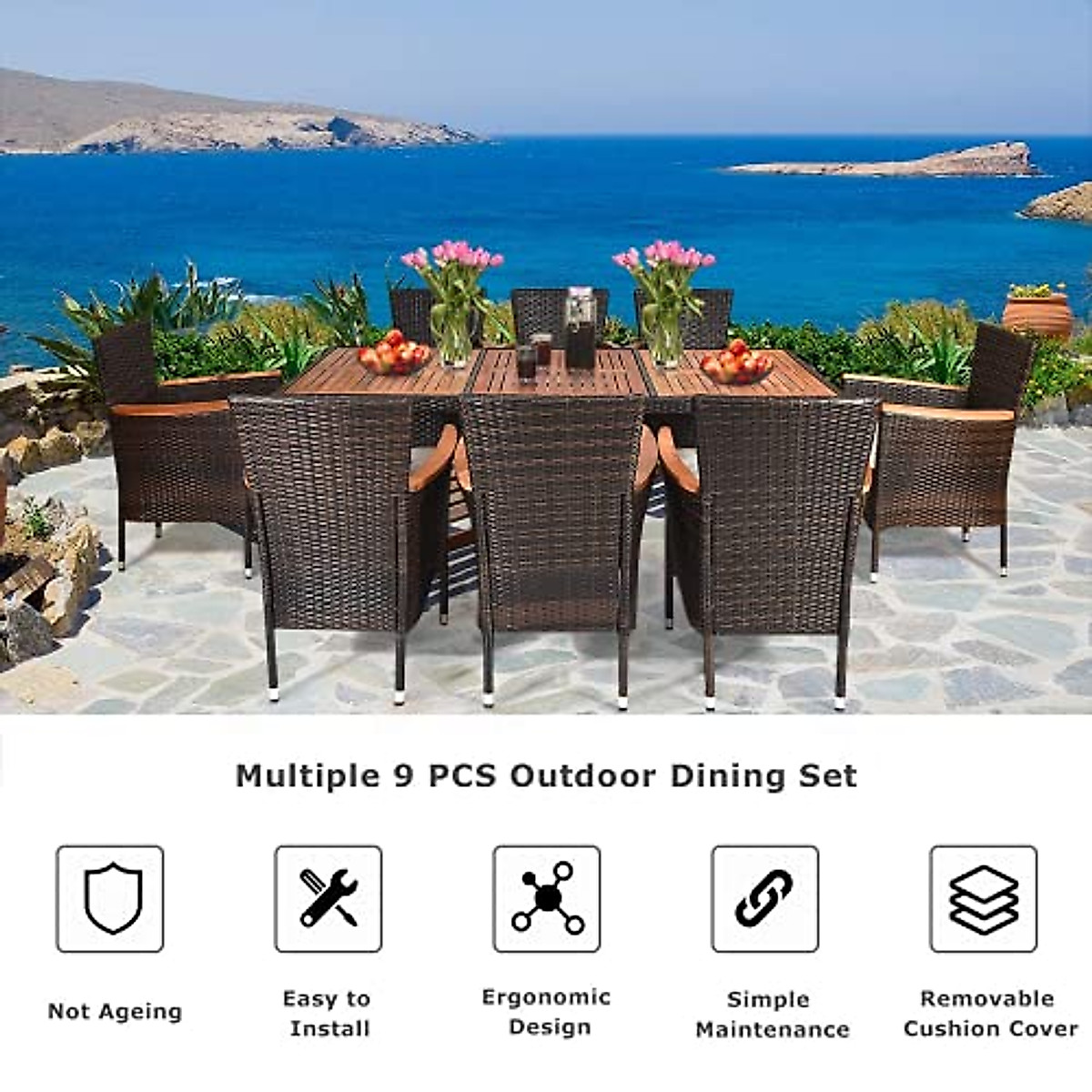 ReunionG 9PCS Outdoor Patio Dining Set, Garden Rattan Wick Furniture Set w/Acacia Wood Table and Stackable Armrest Chairs, Garden Dining Set for Patio, Poolside, Balcony and Indoor, Cushions Included