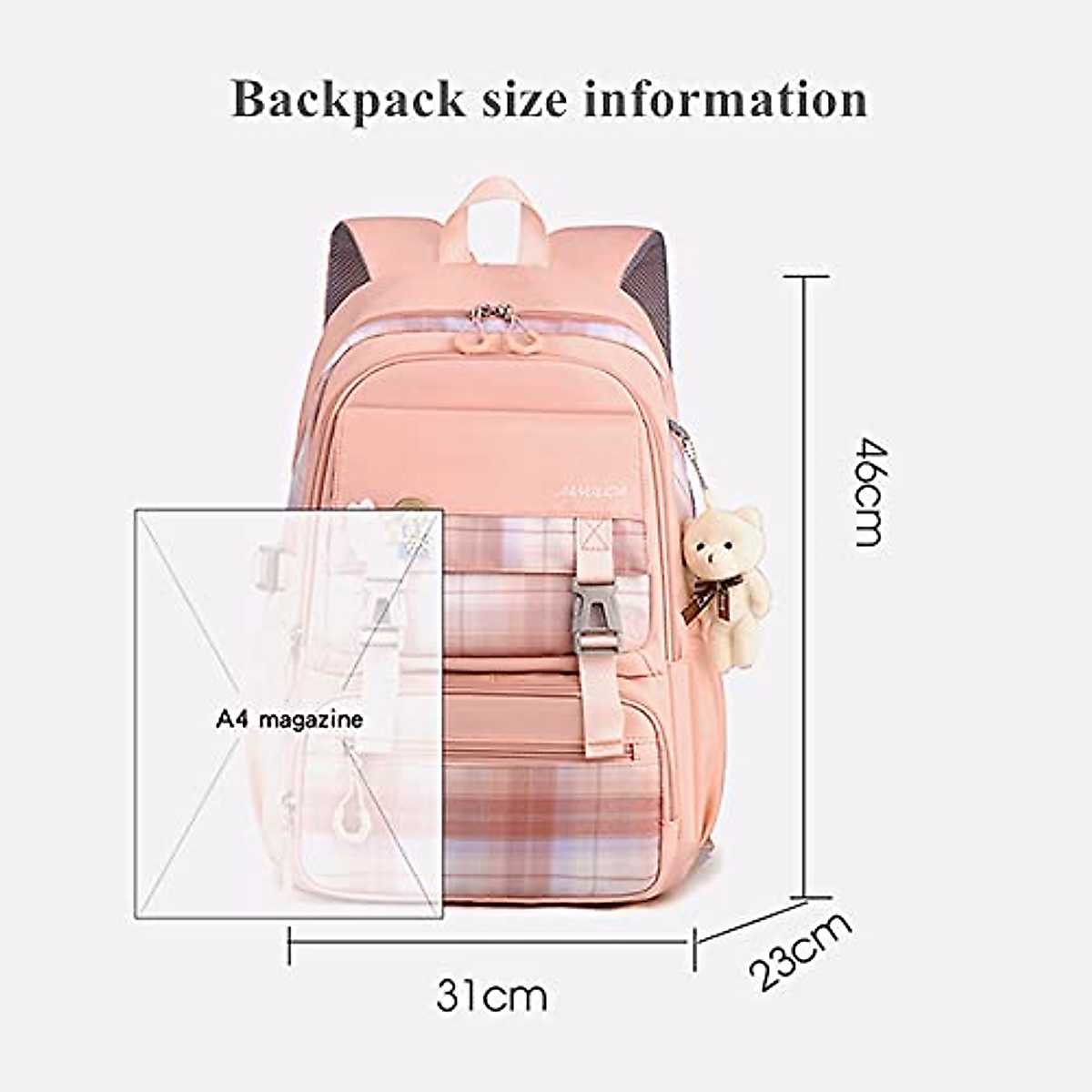 Girls Plaid Aesthetics Backpack Teens Lightweight Casual Bookbag Kawaii Travel Bag with Cute Pins Accessories Schoolbag