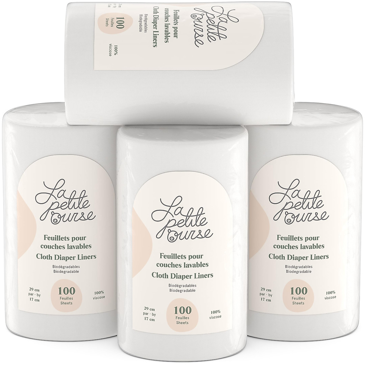 LA PETITE OURSE Cloth Diaper Liners, Cloth Diaper Liner Rolls, Fragrance Free Cloth Diaper Liners, Unscented, SGS Certified, 11.5 X 6.75 inches - 100 Sheets/Roll - Pack of 4