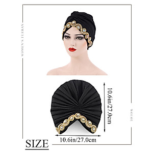 Woeoe Women African Turban Bling Rhinestones Beanie Cap Headwear Pre-Tied Crystal Head Wrap (Black)