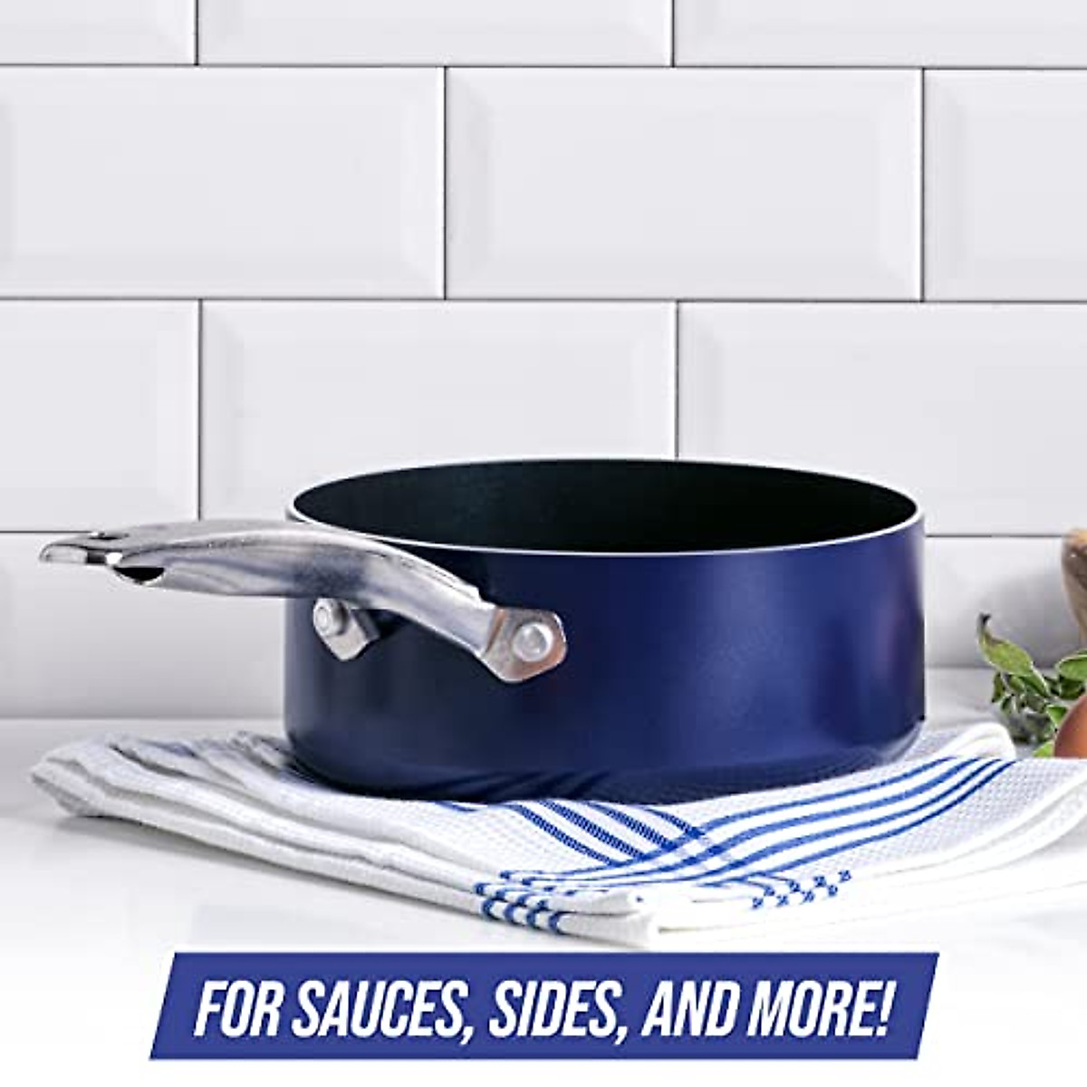 Blue Diamond Cookware Diamond Infused Ceramic Nonstick, 2QT Saucepan Pot with Lid, PFAS-Free, Dishwasher Safe, Oven Safe, Blue