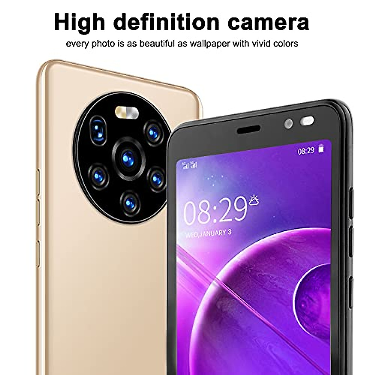 5.45in HD Full Screen Cell Phones, Mate40 Pro Dual Card Dual Standby Smartphones, 512MB+4GB Android4.4.2 Smart Phone, MTK6572 DualCore CPU, Face Recognition Unlocking(Gold)