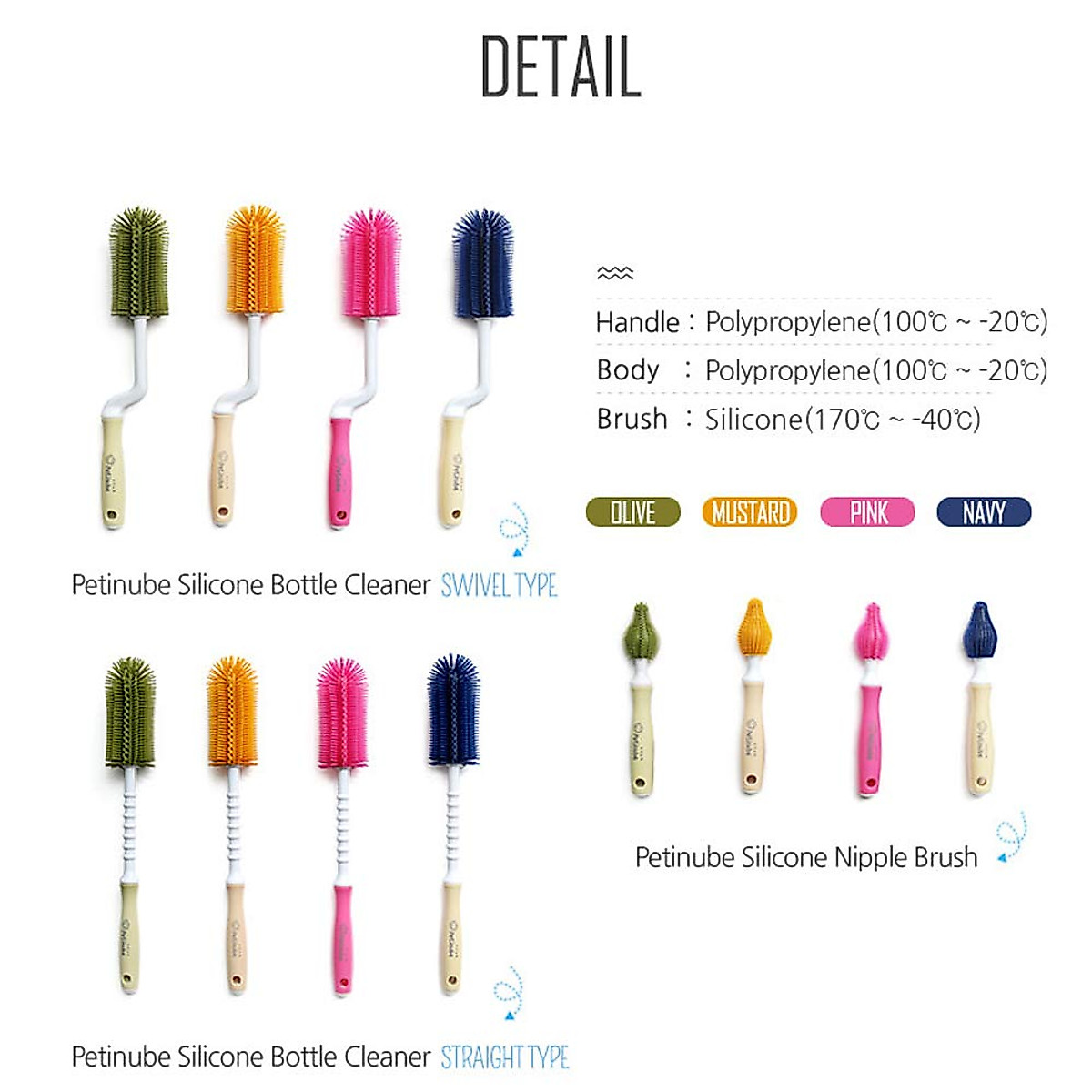 PETINUBE Baby Bottle Cleaning Brush Soft Brush Baby Bottle Cleaner Silicone Brush for Bottles and Cups for All Bottle Types(Navy, Swivel Handle Set)