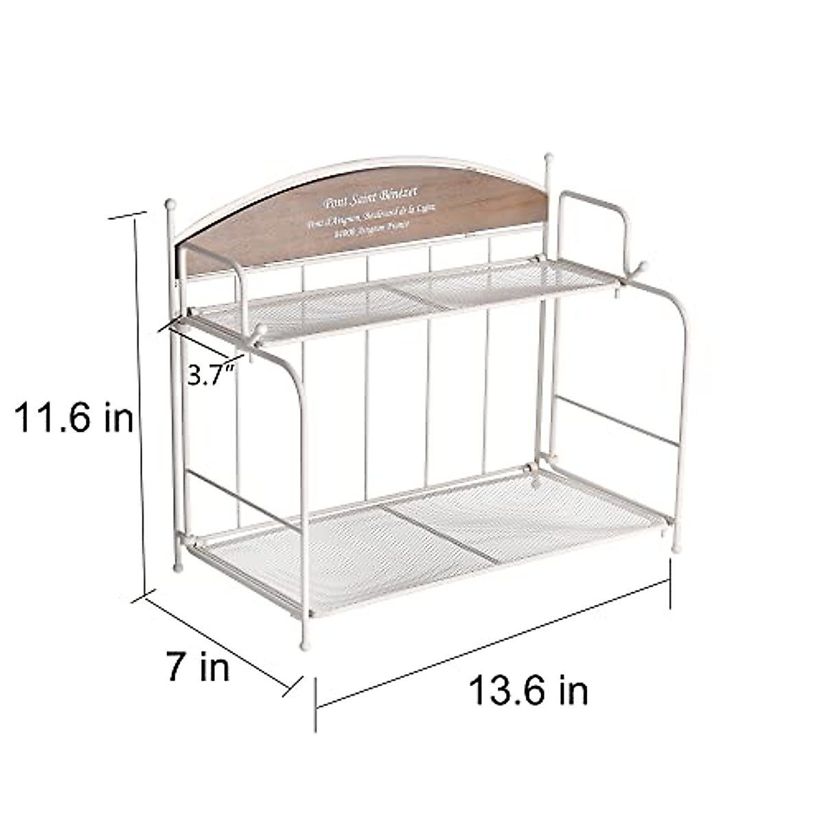 Funly mee 2 Tier Kitchen Countertop Spice Rack, Bathroom Metal and Wood Foldable Shelf Organizer (Rustic White)