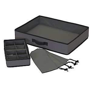 Household Essentials Tabletop Storage Box, Windowed Lid and Front Handle, 8 Compartment Lift-out Tray, 4 Fabric Pouches, Perfect for Special Occasion Tabletop Linens, Gray