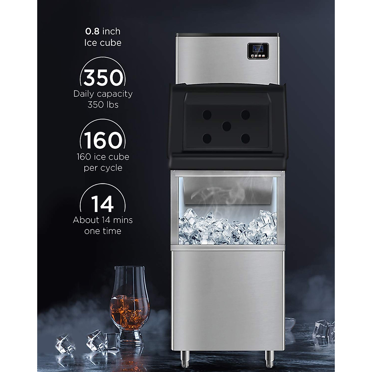 Watoor Commercial Ice Machine Stainless Steel Industrial Ice Machine ETL Approved 350LBS/24H with 200LBS Bin, Full Clear Cube, Professional Refrigeration Equipment