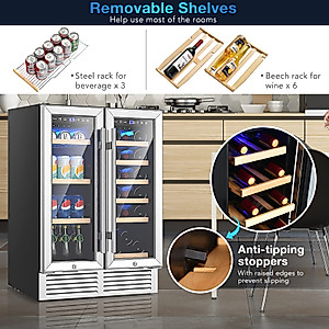 CHEFJOY Beverage and Wine Cooler Refrigerator, Dual Zone 2-in-1 Wine Fridge Cellar w/Independent Temperature Control, LED Lights, 18 Bottles & 57 Cans, Quiet Operation, Freestanding or Built-in