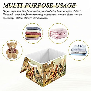 Kigai Rooster Lidded Home Storage Bins, Foldable Storage Basket with Double Handle, Flip-Top Storage Box for Toys Clothes Documents