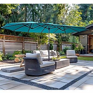 Bigroof 15ft x 9ft Patio Double-Sided Umbrella with Base & Crank, Extra Large Rectangular Outdoor Umbrella for Patio, Lawn & Garden, Beige (Turquoise)